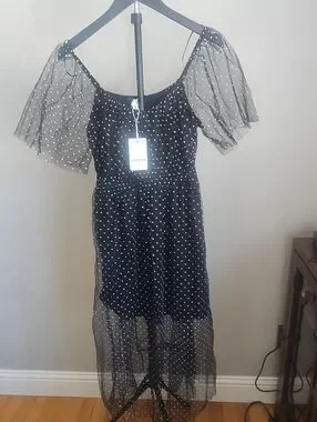 heyson | Dresses | Sheer Black Polka Dot Maxi Dress With Puff Sleeves ...